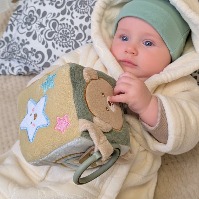 Sage/Beige Baby Activity Cube - Soft Newborn Toys - Bumbles & Boo