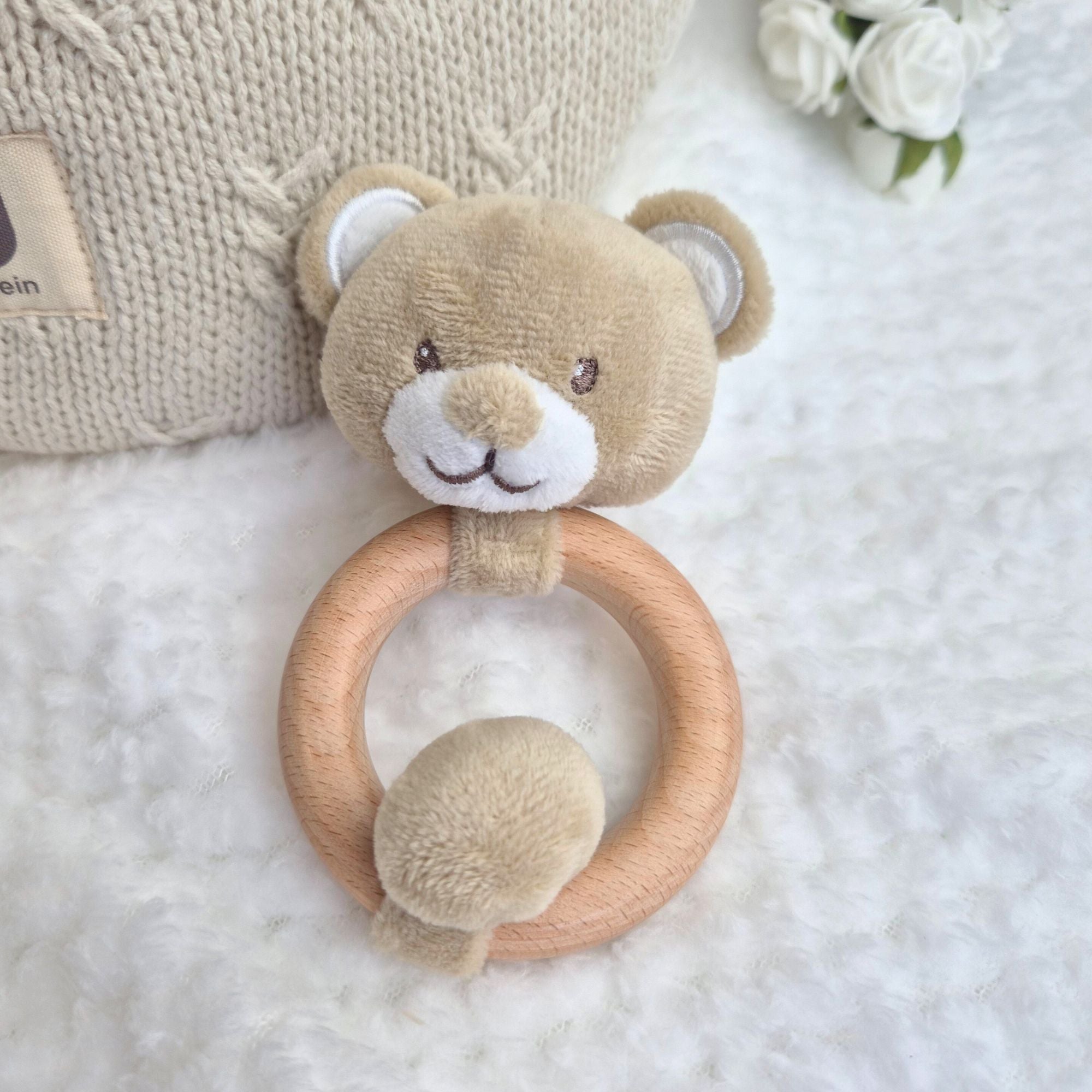 Eco-Friendly Barney Bear Soft Baby Rattle - Baby Toys - Bumbles & Boo