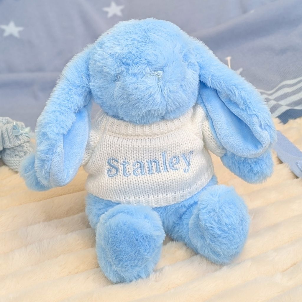 Blue Cuddly Bunny with Jumper - Personalised Baby Gifts - Bumbles & Boo