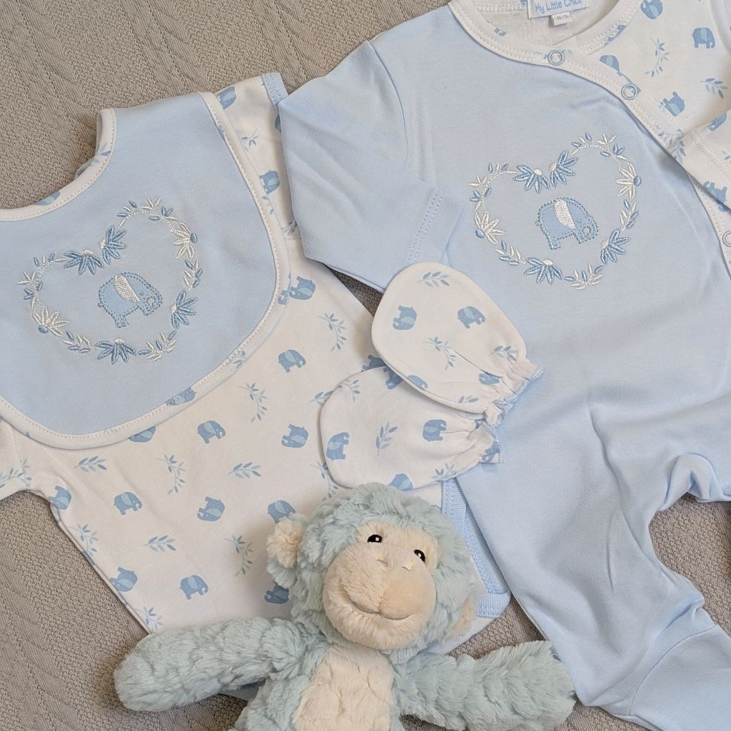 Pale Blue Elephant Design Baby Boy Clothes - 4 Piece Cotton Set ...