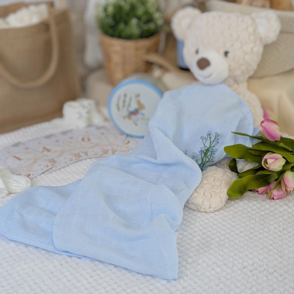 6 Blue Muslin Squares - 100% Cotton - Bumbles & Boo