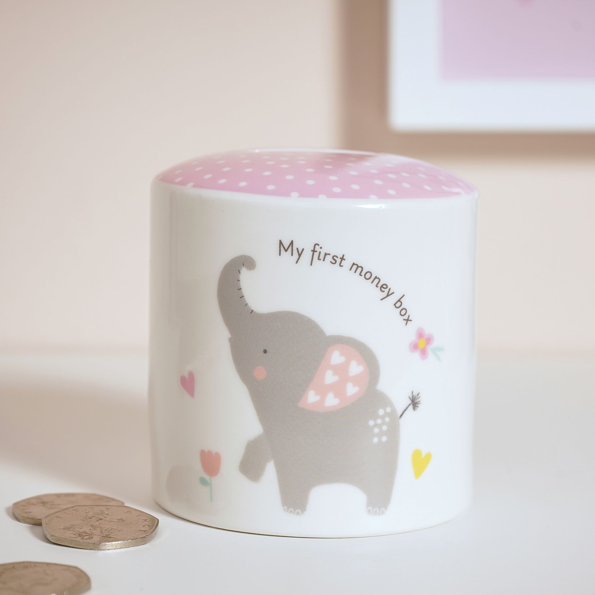 My First Money Box - Ceramic Elephant - White / Pink - Bumbles & Boo