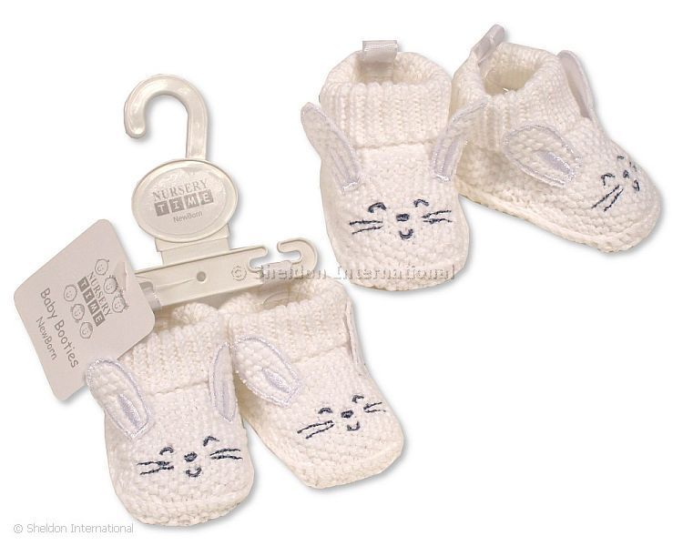 Knitted White Baby Booties with Bunny Face - Baby Booties - Bumbles & Boo