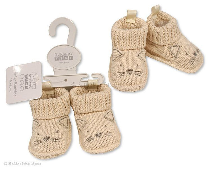 Knitted Beige Baby Booties with Cat Face - Baby Booties - Bumbles & Boo