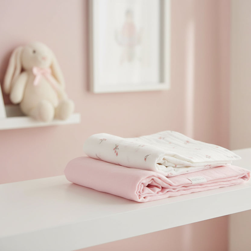 2 Pack Pink/Blossom Baby Muslin Wraps - Organic Cotton - Bumbles & Boo