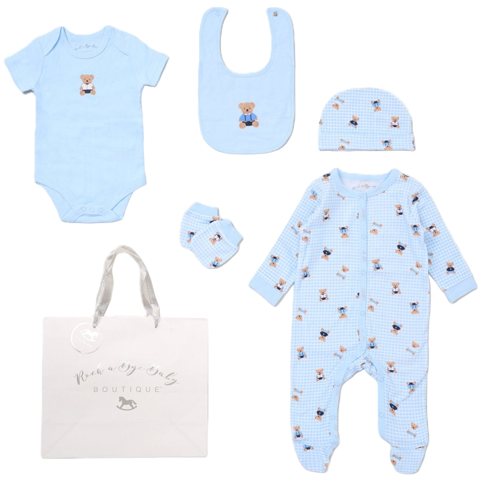 Blue Baby Boy Clothes - Teddy Bear Pattern - 5 Piece Outfit - Bumbles & Boo