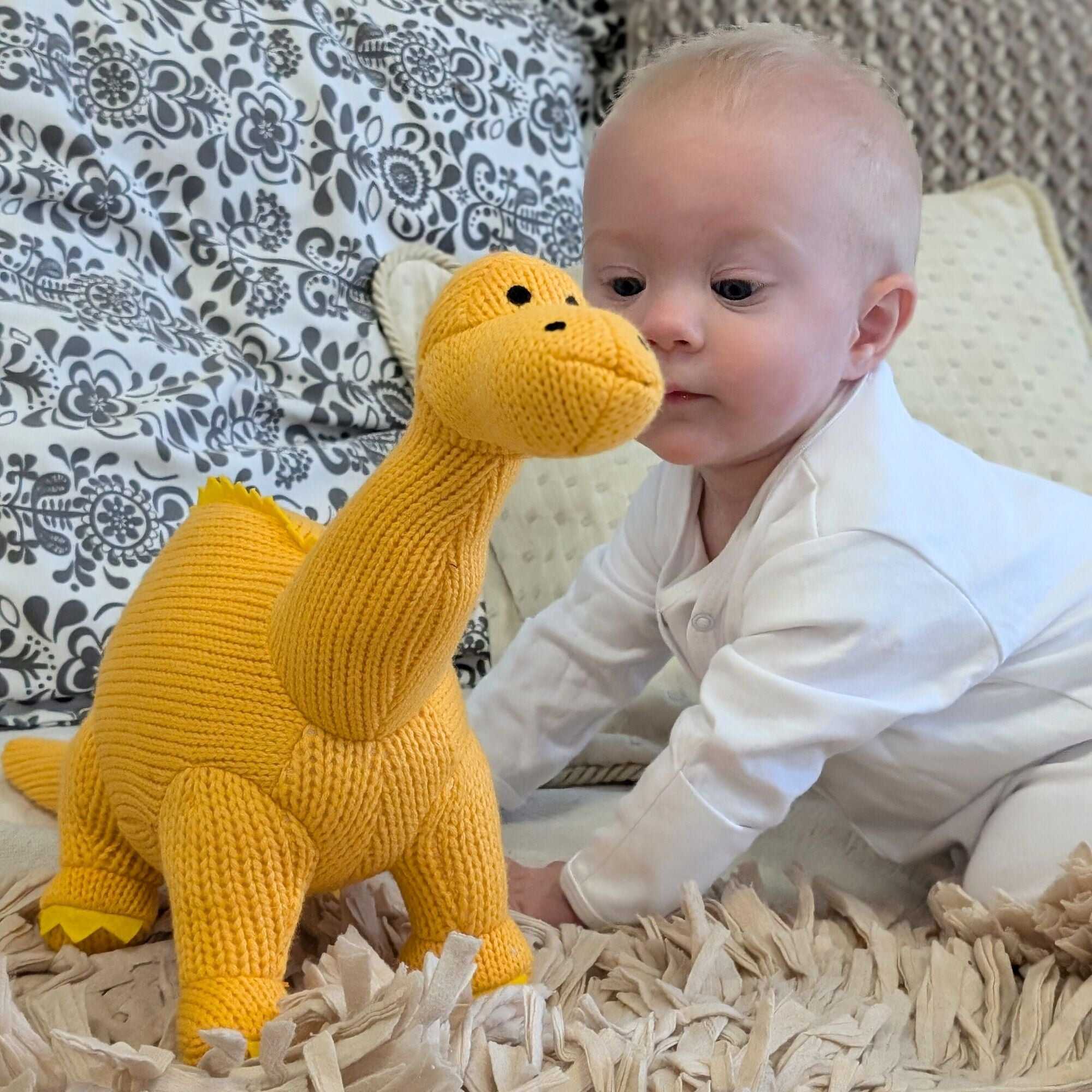 Yellow Knitted Diplodocus Cuddly Soft BabyToy - Bumbles & Boo