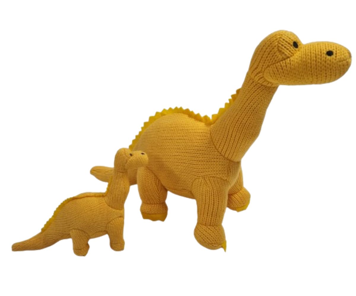 Knitted Diplodocus Dinosaur Rattle Soft Toy - Yellow – Bumbles & Boo